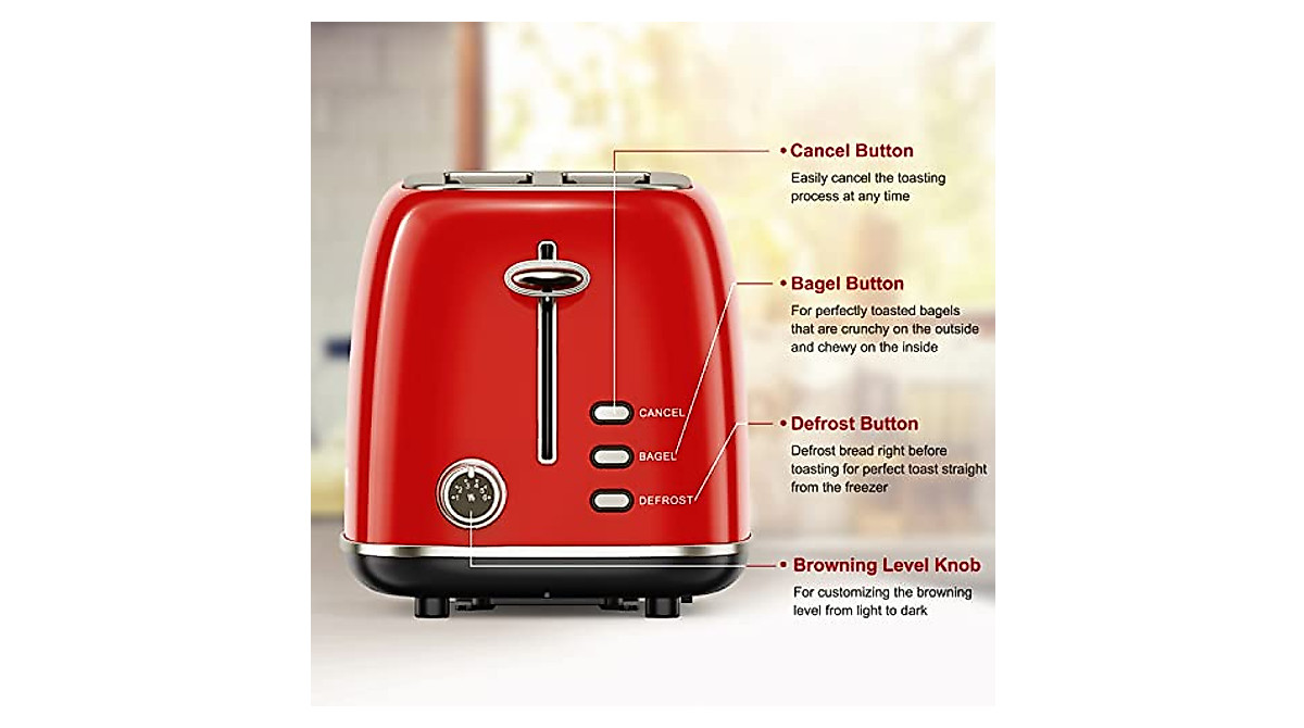 Galanz Retro Red 2-Slice Toaster with Wide Slots & 6 Browning Levels