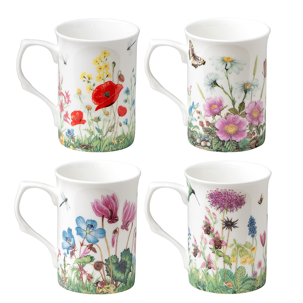 Grace Teaware Bone China Coffee Tea Mugs 9-Ounce, Assorted Set of 4 (Meadow)