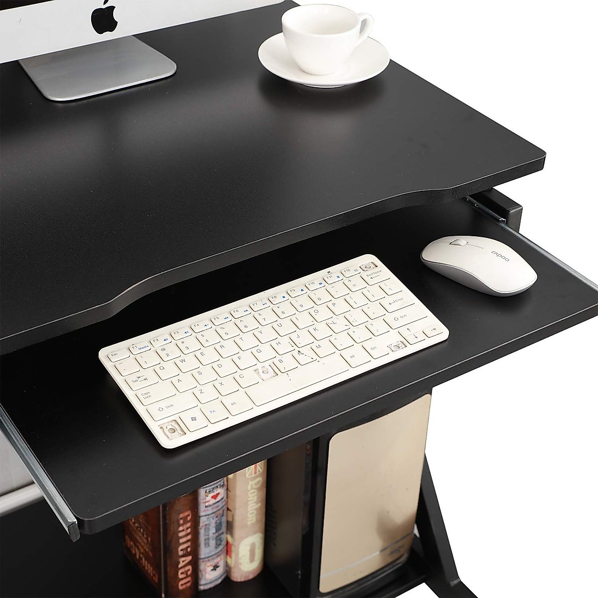 sogesfurniture Small Computer Desk on Wheels, Mobile Computer Desk Small Rolling Work Workstation with Printer Shelf and Keyboard Space Computer Workstation for Home and Office,Black