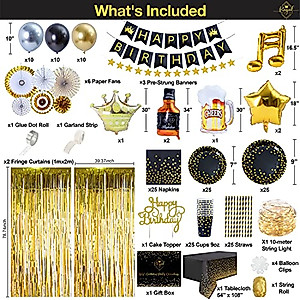 177 PC Adult Birthday Party Decorations Kit for Men & Women - Happy Birthday Banners Curtains Tablecloth Balloons Cake Topper Black and Gold Party Supplies Plates Cups Napkins Straws - 25 Guest & More