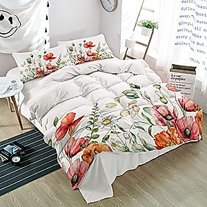 Twin 3 Piece Bedding Set,Red Poppy Flower on White Breathable Duvet Cover Super Soft Pillow Shams,Farm Green Eucalyptus Leaf Washable Bed Sets All Seasons for Bedroom Dorm Hotel RV