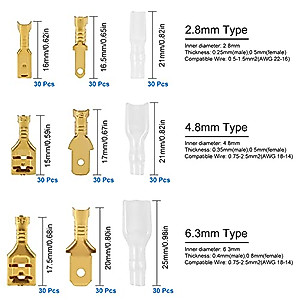 ACEIRMC 270Pcs Assortment Kit Quick Splice Male and Female Wire Spade 2.8/4.8/6.3mm Connector Crimp Terminal Block with Insulating Sleeve for Electrical Wiring Car Audio Speaker (Gold)