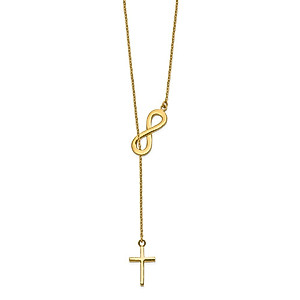 Solid 14k Yellow Gold Infinity Love Knot Symbol and Cross Lariat Necklace Chain - with Secure Lobster Lock Clasp 18" (Width = 0mm)