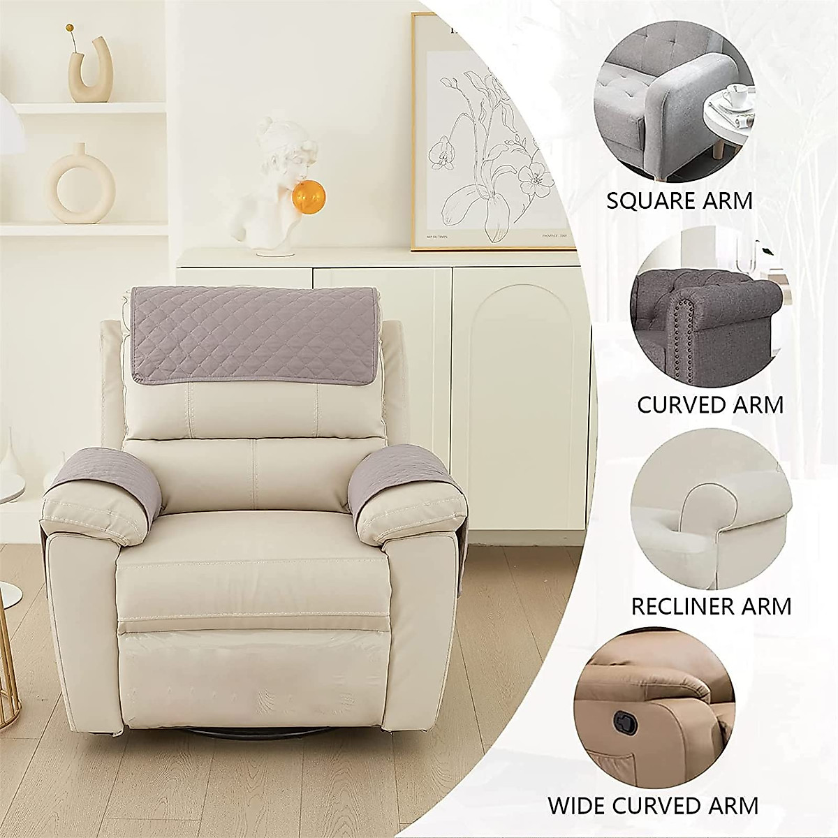 Sofa Armrest Cover, Water Proof 1/2/3 Seater Sofa Headrest Slipcovers Quilted Nonslip Removable Armchair Cover Furniture Protector for Recliner Leather Sofa Couch (Light Gray,3 Seat Recliner 5 pc)