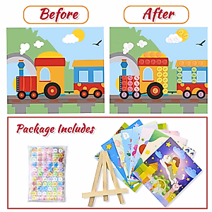 Mosaic Sticker Art Kit for Kids, Colorful Sticky Buttons DIY Handmade Art Kits,Make Your Buttons Art Crafts，for Ages 3-6 Children, Beginner, Boys and Girls-with 1wood Display Easel （8pcs）