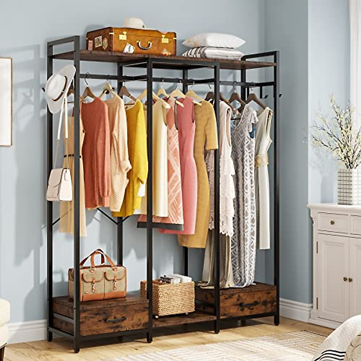 Tribesigns Clothes Rack with 2 Drawers, Freestanding Closet Organizer Garment Rack with Storage Shelves Hanging Rods and Hooks, Large Open Wardrobe Closet Clothing Rack for Bedroom