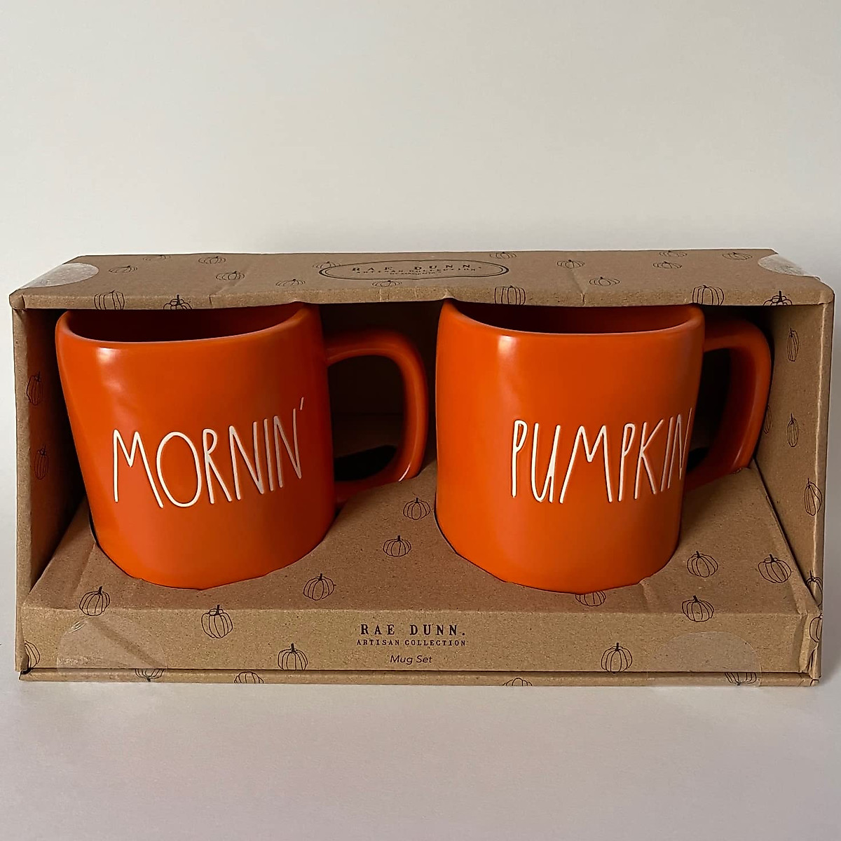 Rae Dunn By Magenta 2 Piece MORNIN' + PUMPKIN Ceramic LL Coffee Tea Mug Set 2019 Limited Edition