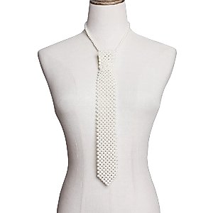 mollensiuer 1 Piece White Artificial Pearls Neck Tie Handmade Weaving Ladies Shirt Necklace Neck Tie Beaded Tie Necklace for Women