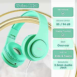 Kids Wired Headphones with Microphone, 85/94dB Volume Limiter, Shareport, Foldable Adjustable Stereo Tangle-Free 3.5MM Wire Cord Over-Ear Headphone for Smartphones/PC/Tablet/School/Trip(Green)