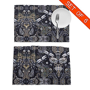 Placemats, Dragonflies Grey Print Placemats Set of 6, Heat Resistant Place Mats, Washable Table Mats