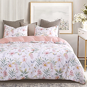 Wake In Cloud - Floral Comforter Set, Cottagecore Aesthetic Botanical Flower and Tree Leaves, Soft Lightweight Bedding for Women Teen Girls, 3 Pieces, Pink Green, Queen Size