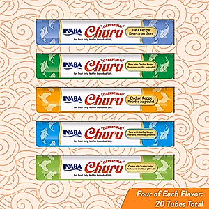 INABA Churu Cat Treats, Grain-Free, Lickable, Squeezable Creamy Purée Cat Treat/Topper with Vitamin E & Taurine 0.5 Ounces Each Tube, 20 Tubes, Tuna & Chicken Variety