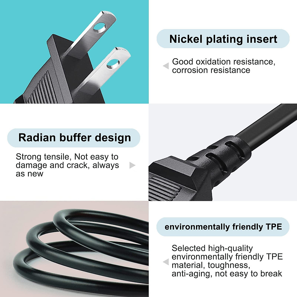 10 Feet 2 Prong AC Power Supply Cord Compatible with Sony TCL Roku Samsung LG Haier Sony Insignia Jvc Sharp Toshiba Vizio Hisense Ultra HD Smart LCD TV Monitor 2 Prong Power Supply Cable