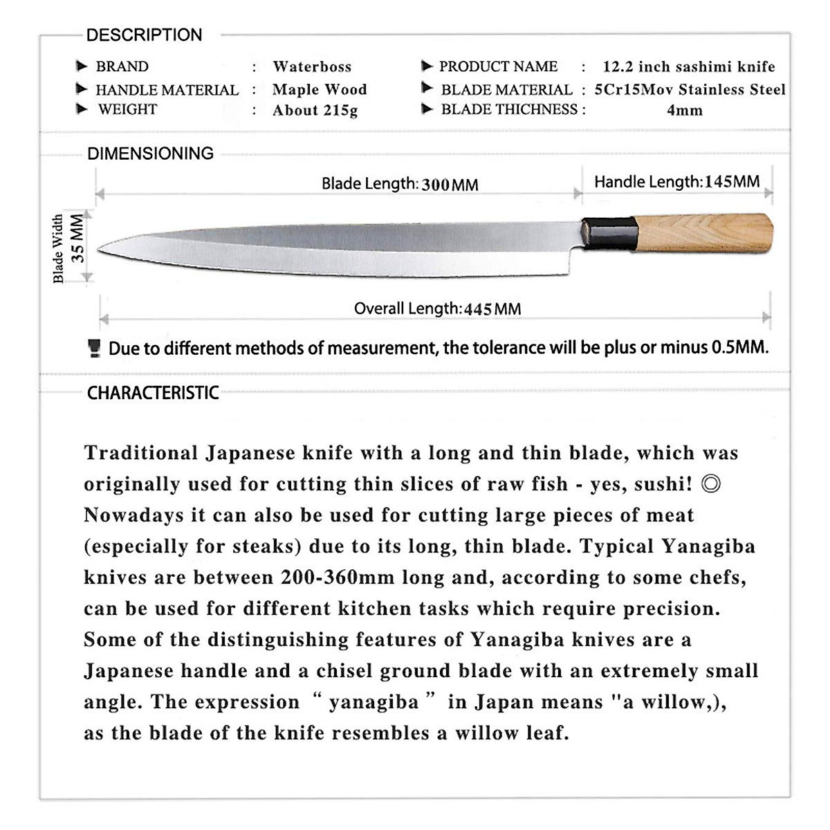 LIUZHANGYU Waterboss,Japanese Sushi Chef Knife Salmon Knife Slicer Razor Sharp Sashimi Watermelon Knives, 5Cr15mov Stainless Steel Sashimi Yanagiba Knife, Maple Handle, 11.8inch (300mm)