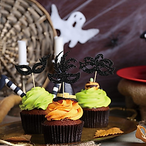 Gyufise 24Pcs Masquerade Masks Cupcake Toppers Glitter Bachelorette Party Mask Cupcake Food Fruit Picks Masquerade Mardi Gras Party Baby Shower Birthday Party Cake Decorations Black