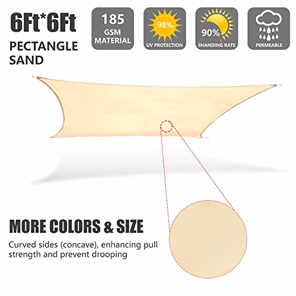 Sun Shade Sail with Waterproof PU Coating 95% UV Blockage Water & Air Permeable 6x6 Ft Outdoor Rectangle Canopy with Side Keyhole Design Suitable for Patio Backyard Lawn Garden Outdoor Activities