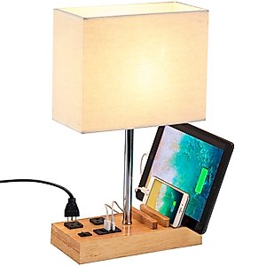 Dreamholder Desk Lamp with 3 USB Charging Ports, Table Lamp with 2AC Outlets and 3 Phone Stands, Nightstand Bedside Lamp with Natural Wooden Base and Cream Linen Shade