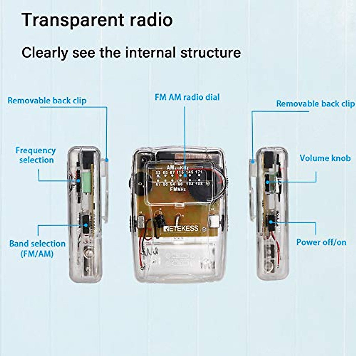 Retekess TR624 Portable Radio AM FM, Pocket Mini Radio, Clear Radio with Crystal Headphone, Powered by AAA Battery, Suit for Indoor Outdoor (Clear)