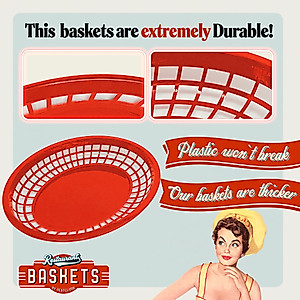 Plastic Fast Food Baskets - HUGE 12" x 9" SIZE Food Baskets For Serving - Reusable Foodservice Restaurant Deli Diner Burger Fries Fish Chip Hot Dog Sandwich Plates Tray Platter (12 Pack, Red)