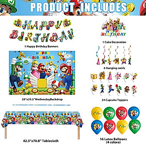 Mario Birthday Party Supplies Birthday Decorations Party Decorations Include Backdrop, Tablecloth, Birthday Banners, Cake Decoration, 24 Cupcake Toppers, 16 Latex Balloons, 6 Hanging Swirls