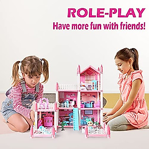 Doll House Dream House for Girls - DIY 3 Story 6 Rooms Pink Dollhouse with 6 Dolls Toy Figures, Pet Dog, Furniture, Pretend Play House with Accessories, Ideal Birthday Toy for Girls