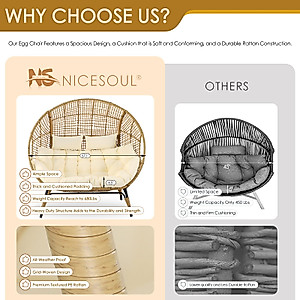 NICESOUL® Double Egg Chair Indoor Outdoor Stationary Oversized Thicken Padded Cushions,2 Person Egg Loveseat Chair,680 lbs Extra Large Lounge Chair for Patio Balcony Porch Backyard Beige
