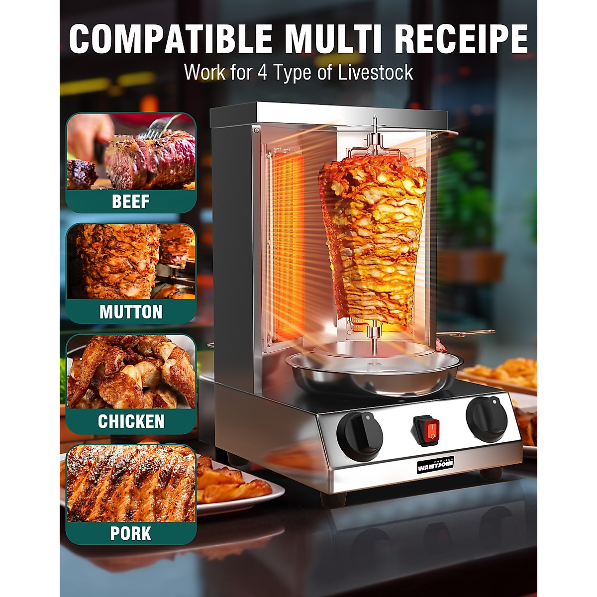 WantJoin Shawarma Grill Machine, Gas Vertical Rotisserie with 2 Burners for Home, Countertop Rotating Doner Kebab Oven Broiler Gyro Maker with Shovel, 11.6 * 11.8 * 19 inches, 110V