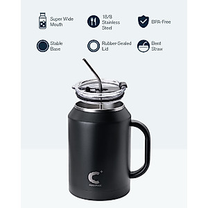 Coolplus 50 oz Mug Tumbler with Handle and Straw, Large Stainless Steel Travel Insulated Water Cup with 2-in-1 Lid, Double Wall Metal Keep Cold 36 hrs, Sweet Proof BPA-Free, Midnight Black