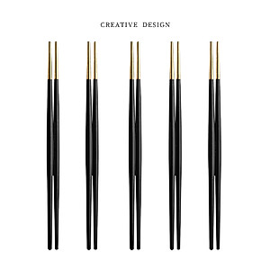 Chanjiso Creative Metal Chopsticks,5 Pairs 304 Stainless Steel Japanese Pointed Sushi Tableware Non Slip Chopsticks Gift… (Five black gold heads)