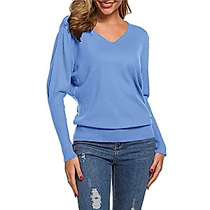 Women's Long Sleeves V Neck Cashmere Blend Sweater, Batwing Sleeves Women Tops Fall Sweaters, X01 V Neck Bat Sleeve Blue, US Large = Tag 4XL
