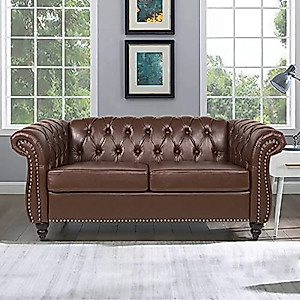 MIYZEAL Chesterfield Loveseat Leather, Modern Button Tufted Upholstered Sofa 2 Seater Couch, Mid-Century Roll Arm Classic PU Faux Leather Settee with Nailhead Trim for Living Room, 64'' (Dark Brown)