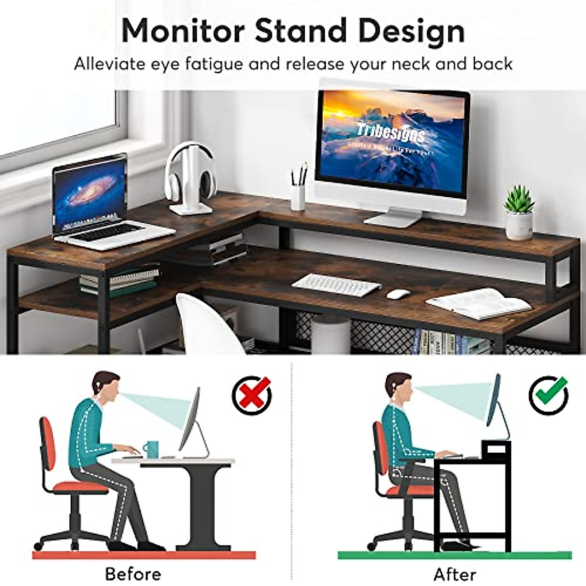 Tribesigns L-Shaped Computer Desk with Monitor Shelf Stand, L Shaped Corner Desks with Large Wood Desktop Industrial Heavy Duty Metal Frame Storage Shelves for Office Home, Rustic Brown Black