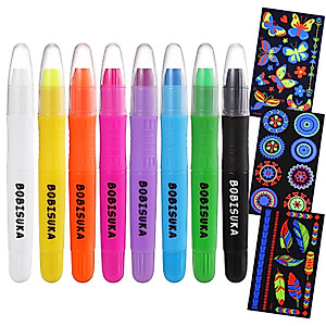 BOBISUKA Glow in The Black Light Face Body Paint Stick Kit with Temporary Tattoo Stickers, 8 Color UV Neon Face Painting Crayon Set for Art Theater Halloween Party Cosplay Clown SFX Makeup