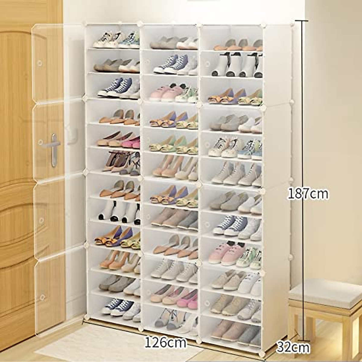 12Pcs 3-Layer Shoe Storage Box, Foldable Shoe Organizer Boxes Capable of holding 72 Pairs, White Plastic Closet Shoe Organizer with Transparent Cover, Free Standing Shoe Rack Easy Assembly Expandable for High Heels, Boots
