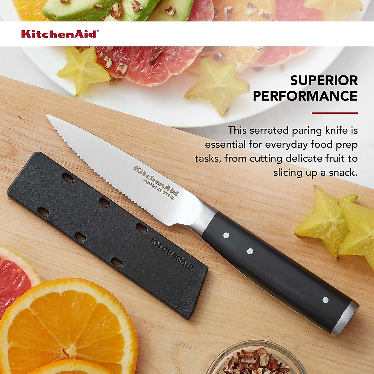 KitchenAid Gourmet Forged Triple Rivet Serrated Paring Knife with Custom-Fit Blade Cover, 3.5-inch, Sharp Kitchen Knife, High-Carbon Japanese Stainless Steel Blade, Black
