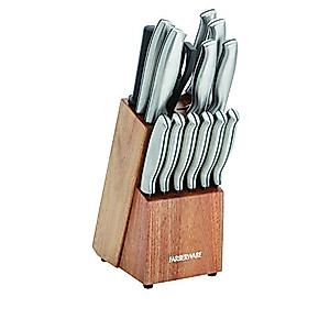 Farberware 15-Piece Stamped Stainless Steel Knife Block Set, High-Carbon Stainless Steel Kitchen Knife Set with Ergonomic Handles, Razor-Sharp Knives with Wood Block, 15-Piece Set, Acacia