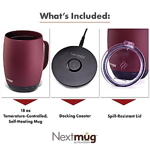 Nextmug Plus - Temperature-Controlled, Self-Heating Coffee Mug (Burgundy - 18 oz.)