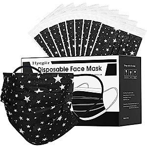 100 Pack Stars Individually Wrapped Disposable Face Mask, 3-Ply Non-woven Pattern Breathable Protective Face Masks,Black and White Disposable Mask，Product Mouth and Nose Cover for Adults