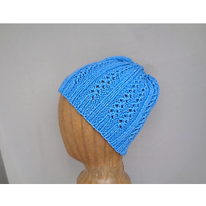 Womens Beanie Hat with Lace Design, Sky Blue, 100% Wool, Hand Knit Snug Cap, Teen Girls Skater Skullie