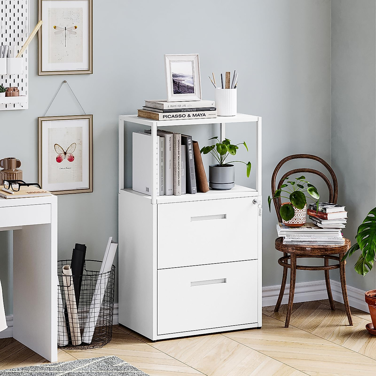 MIIIKO 2 Drawer File Cabinet with Lock and Open Shelf, White Metal Lateral Filing Cabinets Home Office, Tier Shelf Drawers Storage for Letter, Legal, A4 Folders, Books, Stationery Printers