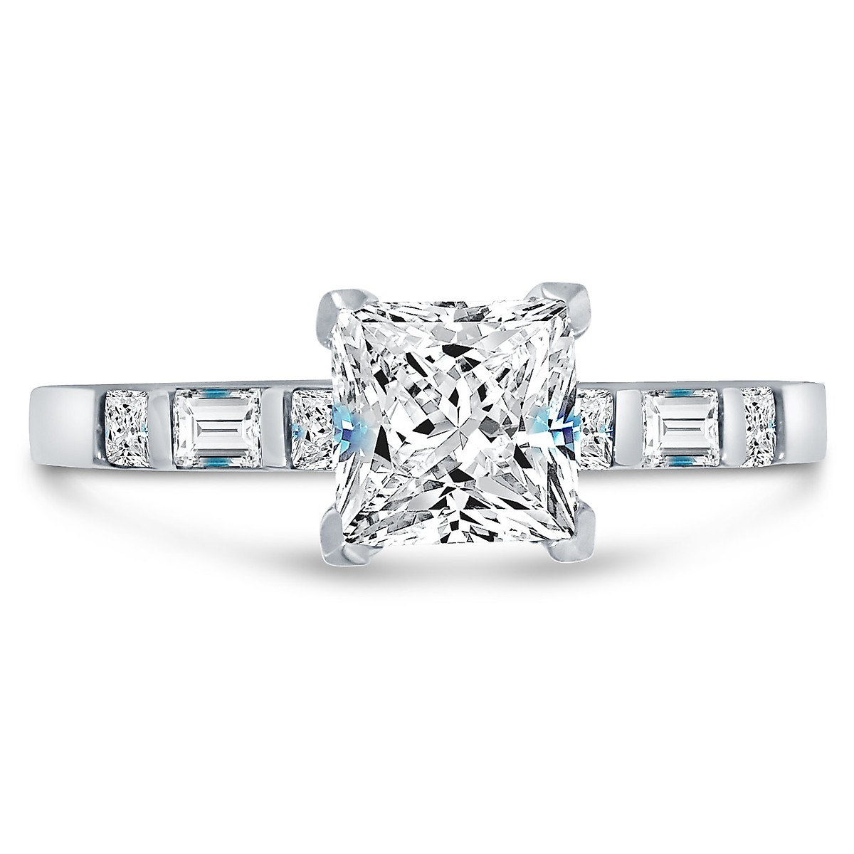 Size 8.5 - Solid 14k White Gold CZ Cubic Zirconia Bridal Engagement Ring w/Matching Wedding Band Two Ring Set - Princess Cut Solitaire with Baguette Side Stones (1.75cttw., 1.0ct. Center)
