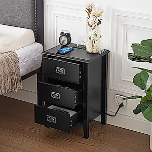 VECELO Nightstands Set of 2 with Charging Station End Bedside Tables with 3 Storage for Bedroom, Living Room, Vintage Accent Furniture, Solid Wood Legs, Three Drawers, Black