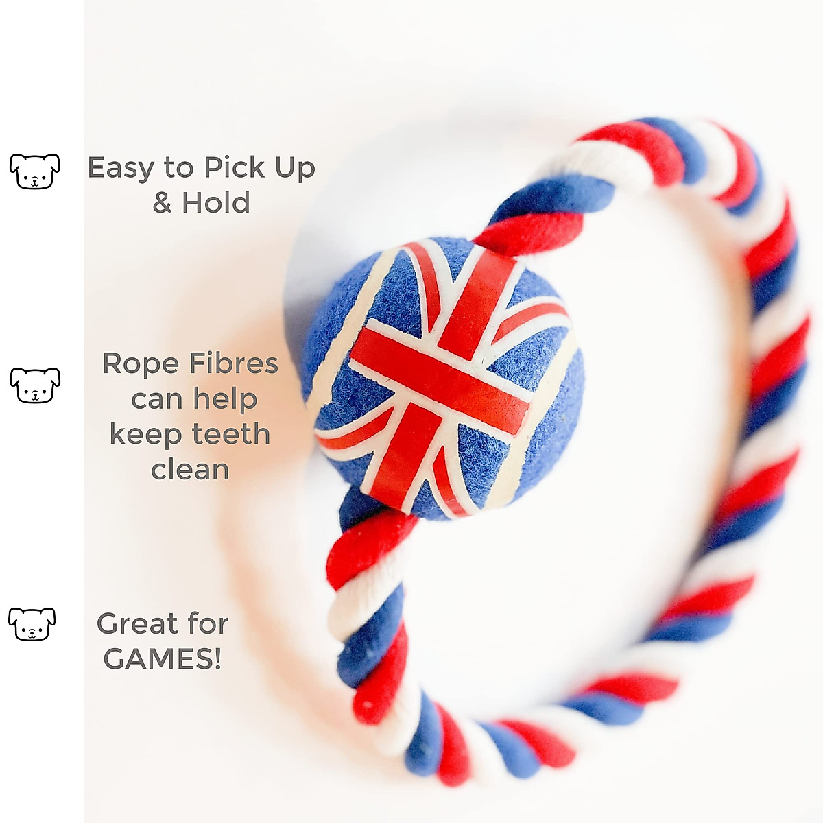 PET LONDON British Union Jack Rope Ring and Tennis Ball Dog Toy-English UK Colours for Dogs