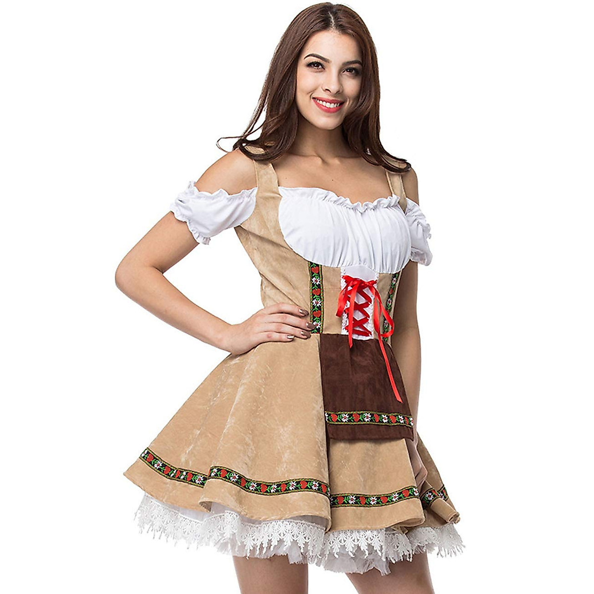 GRAJTCIN Oktoberfest Costumes Women Velvet German Bavarian Dirndl Dress Octoberfest Outfits for Halloween Carnival (S, Khaki)