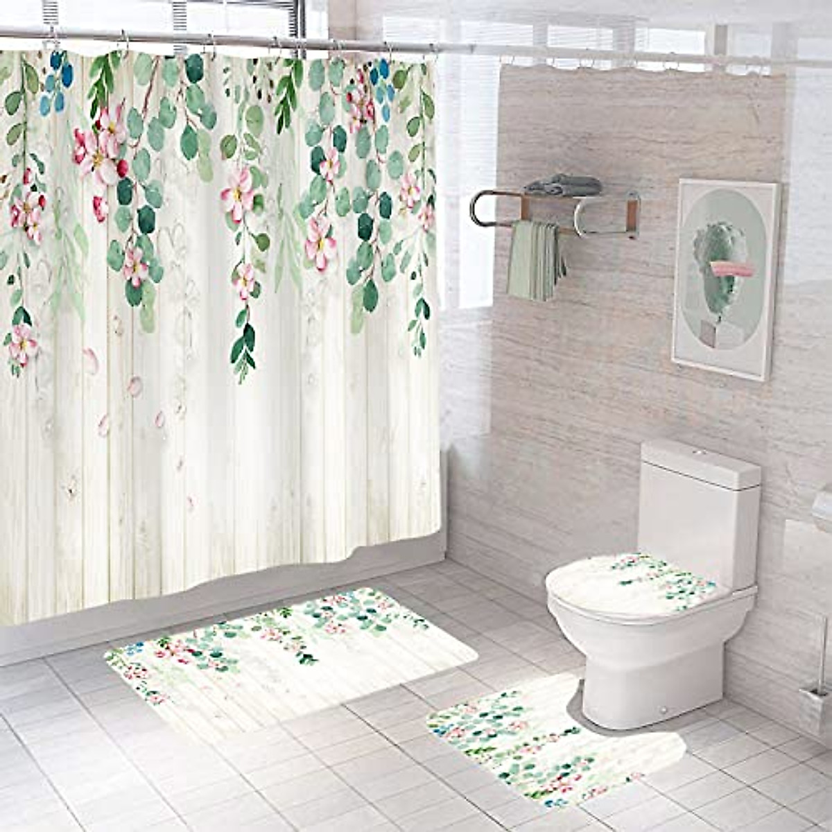 Mightree Bathroom Shower Curtains 4 PCS Set, Waterproof Fabric Bathroom Curtain with 12 Hooks, Toilet Lid Cover and Bath Mat, Non-Slip Rug Foot mat, Pink Flower, Medium