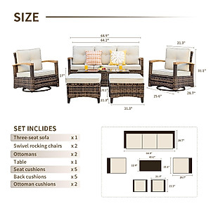 MEISSALIVVE Patio Furniture Sets, 6 Pieces Outdoor Rattan Furniture Conversation Sets with 2 Wood Armrests Swivel Rocker Chairs, 2 Ottoman, 3-seat Sofa and Coffee Table(Brown)