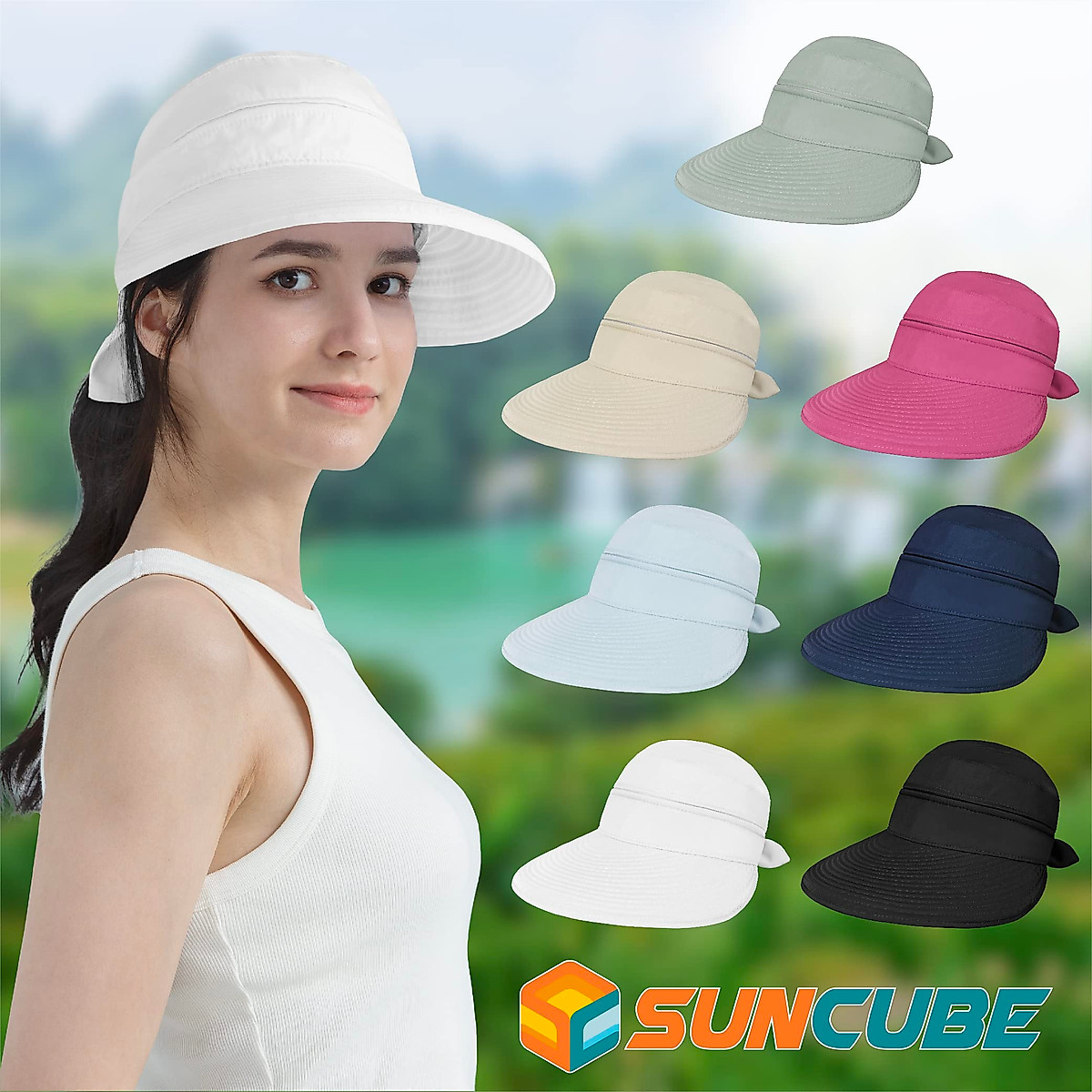 SUN CUBE Women Sun Hat for Outdoor UV Protection, Wide Brim Sun Hat Ponytail, Convertible Zip-Off Beach Hat Visor for Golf Gardening Pool Travel, Foldable Summer UPF50+ Visor Hat, White