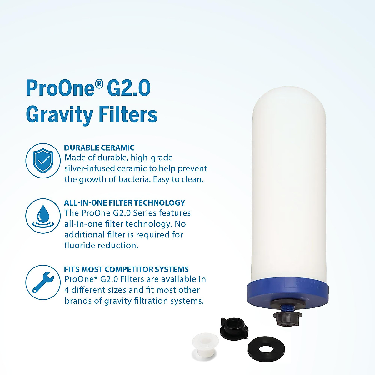ProOne G2.0 9-Inch Gravity Water Replacement Filter for Big+ Countertop Gravity Water Filtration Systems, 2 Pack, Independently Tested Proven to Reduce PFAS