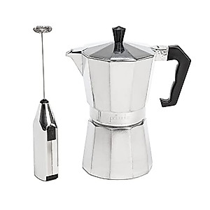 Primula Stovetop Espresso Maker and Handheld Electric Milk Frother Gift Set, Moka Pot for Classic Italian and Cuban Coffee, Cafetera, 6 Espresso Cups, Silver