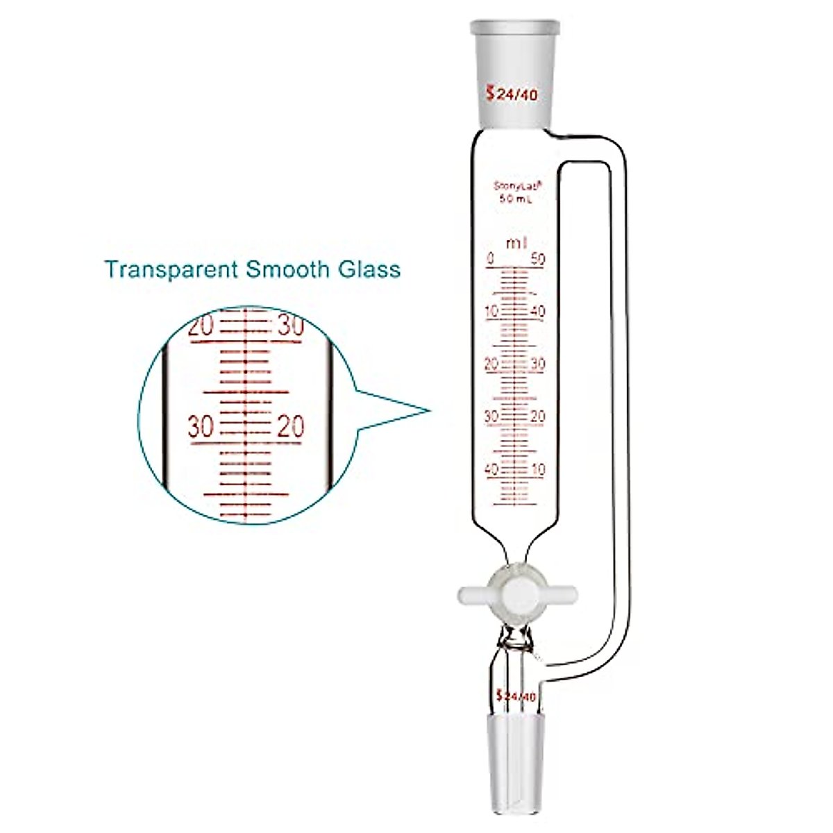 stonylab Pressure Equalizing Graduated Addition Funnel, Borosilicate Glass Dropping Funnel 24/40 Joint 50 ml with PTFE Stopcock for Laboratory (50 ml)